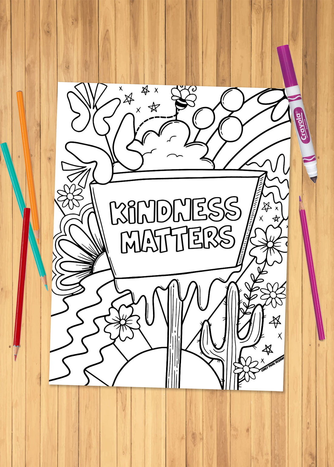 Kindness Matters Whimsical Billboard Coloring Sheet – CoreyPaigeDesigns