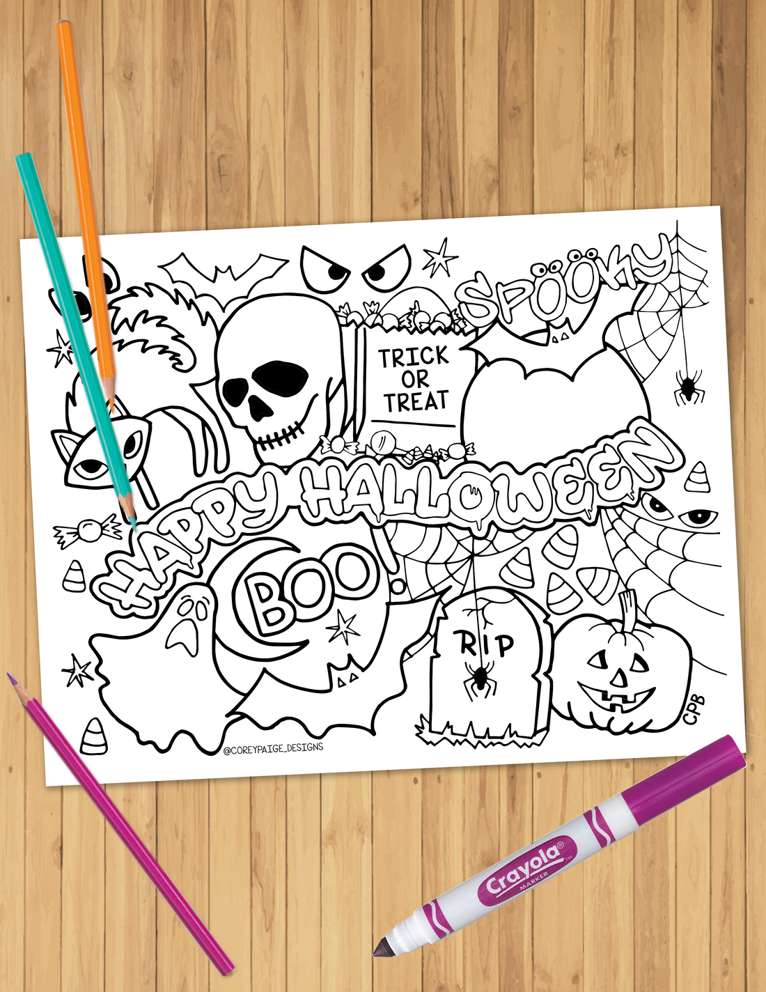 Happy Halloween Coloring Sheet – CoreyPaigeDesigns