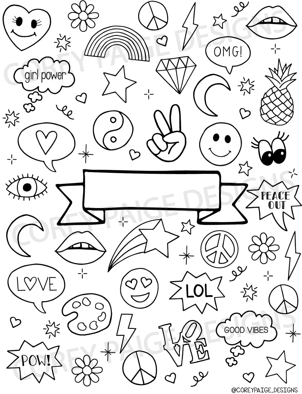 Doodle Icons Name Plate Coloring Sheet – CoreyPaigeDesigns