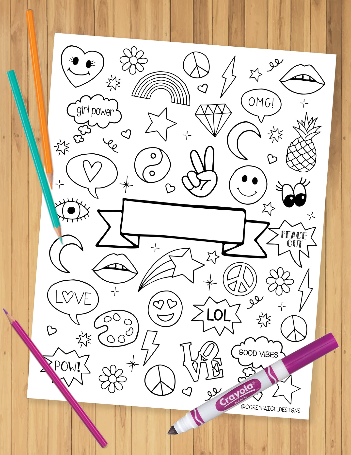 Doodle Icons Name Plate Coloring Sheet – CoreyPaigeDesigns